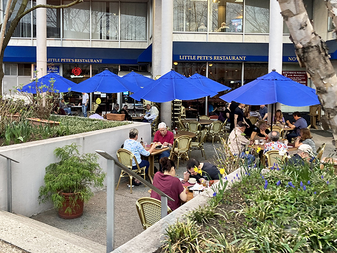 Blue umbrellas create an oasis of calm amid the urban landscape, where lunch feels like a mini-vacation from the office grind.