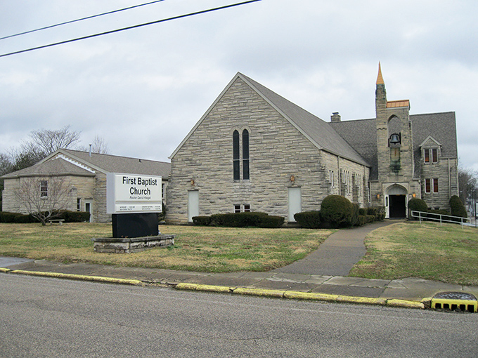 First Baptist Church's impressive stone architecture and distinctive windows create a landmark that's both spiritual center and architectural treasure.