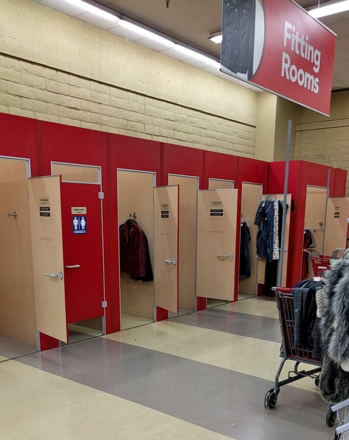 The fitting rooms: where dreams are made, broken, or altered slightly. That '80s blazer looked better on the rack, but the price tag soothes all wounds.