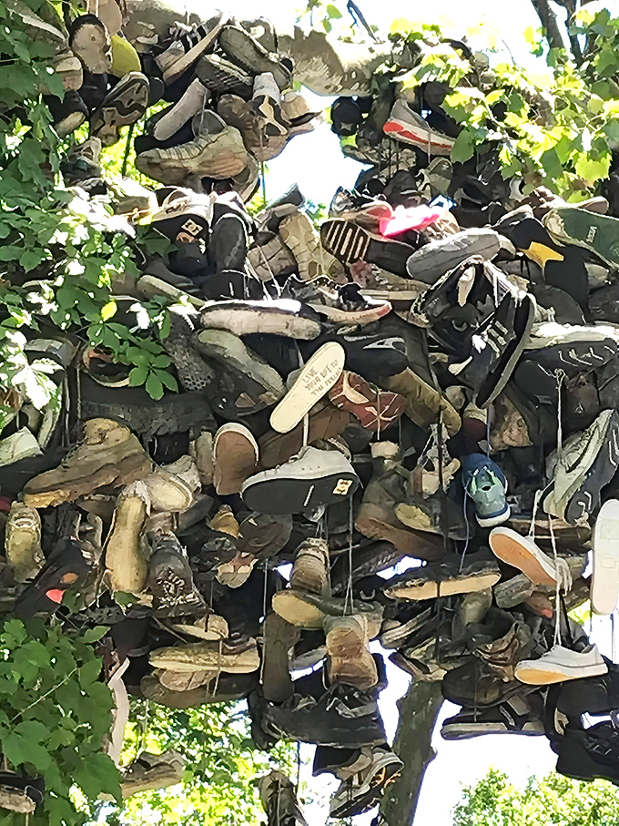 The sheer density of shoes in certain sections creates an almost architectural quality, defying both gravity and conventional landscaping.
