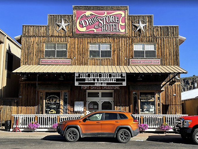 Part pharmacy, part time machine! The Fort Davis Drug Store's western facade promises old-fashioned sodas and a healthy dose of nostalgia.