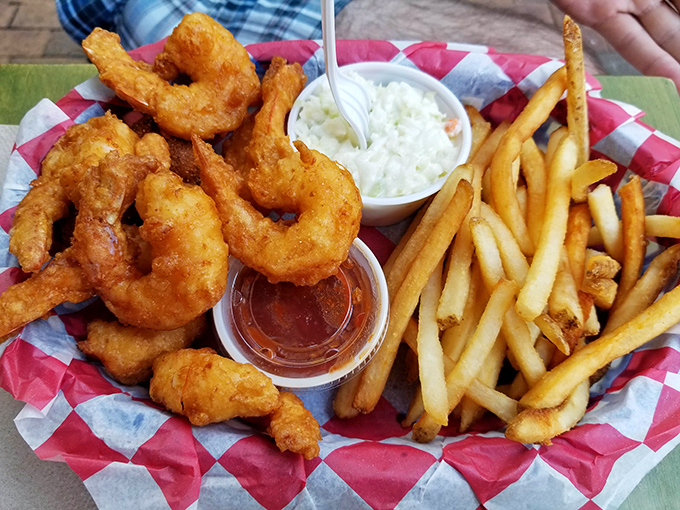 These golden-fried shrimp could convert even the most dedicated landlubbers to the joys of seafood. Dip, bite, repeat.