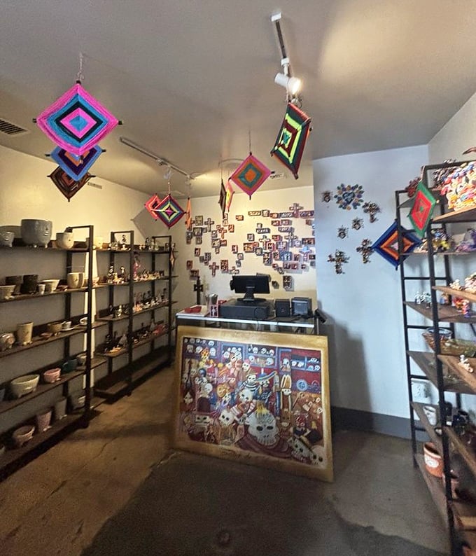 The gift shop area proves Mexican folk art is as colorful as the food. Those hanging diamond decorations are hypnotizing after a couple of margaritas.