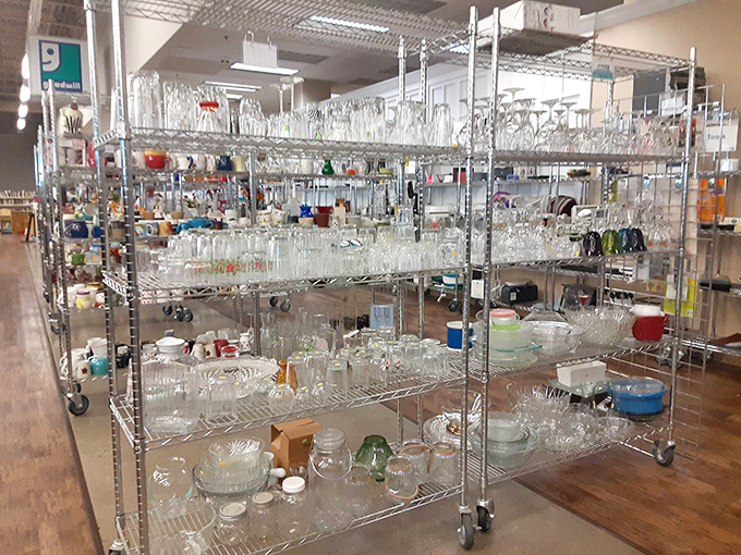 A crystal-clear opportunity - glassware of every era gleaming under fluorescent lights, from Depression glass to '90s wedding gifts.