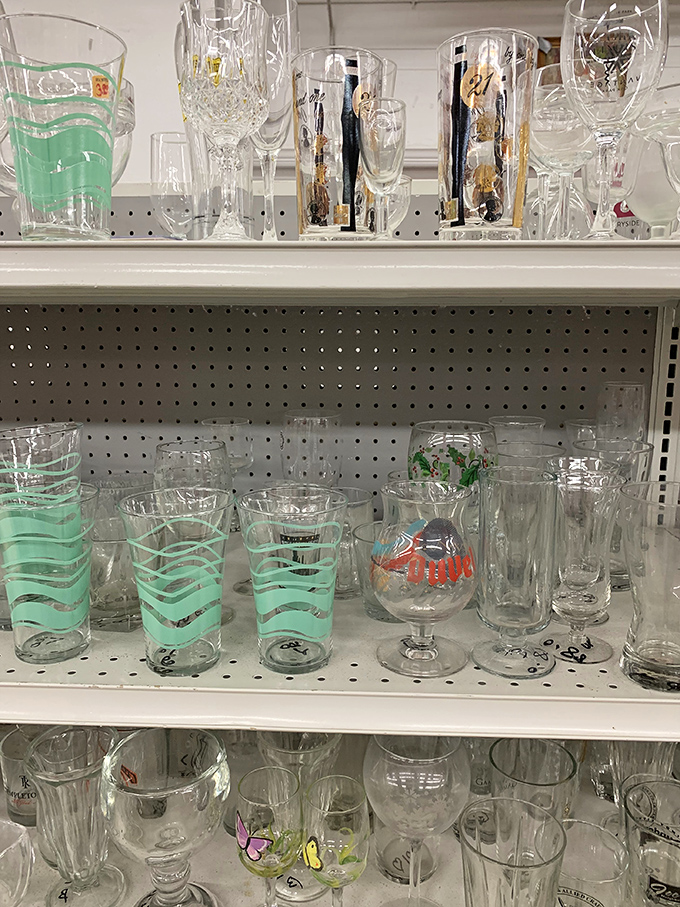 Glassware that's survived decades of dinner parties stands proudly on display. Toast your thrifting success with someone else's former barware collection.
