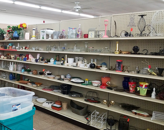 The dishware aisle: where your grandmother's pattern might be waiting to complete your set, alongside quirky mugs that will become your new favorite.