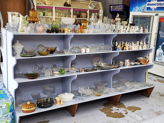 Vintage glassware and collectibles line the shelves, offering a delightful browse while your stomach eagerly anticipates sandwich greatness.