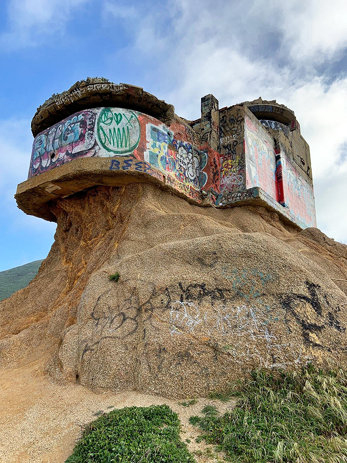 Even abandoned military bunkers find new life as coastal canvases, their concrete walls telling colorful stories against Montara's dramatic backdrop.