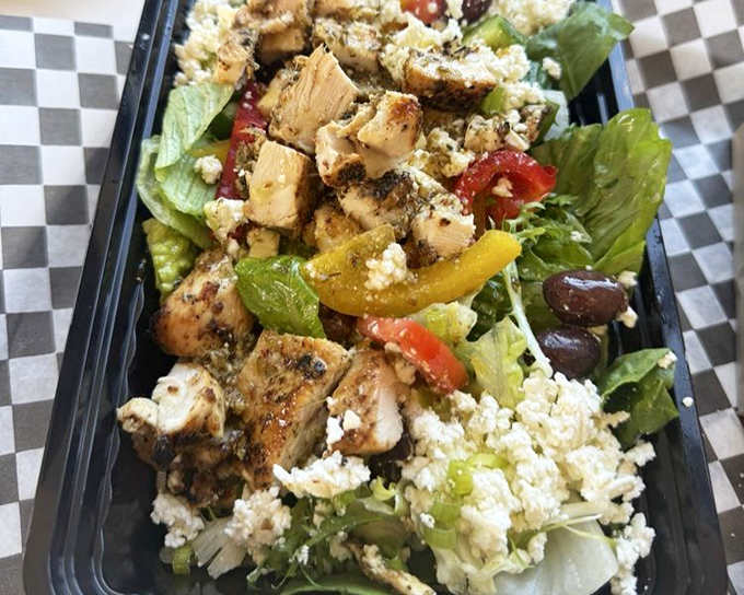 A Greek salad that brings Mediterranean sunshine to Southern California. Those olives and feta are having the kind of party your taste buds want to attend.