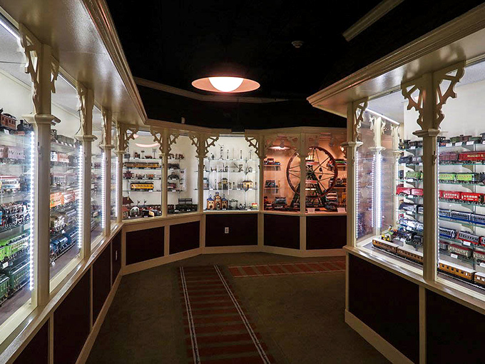 Walking through this display corridor feels like strolling through train history, with treasures gleaming behind glass on both sides.