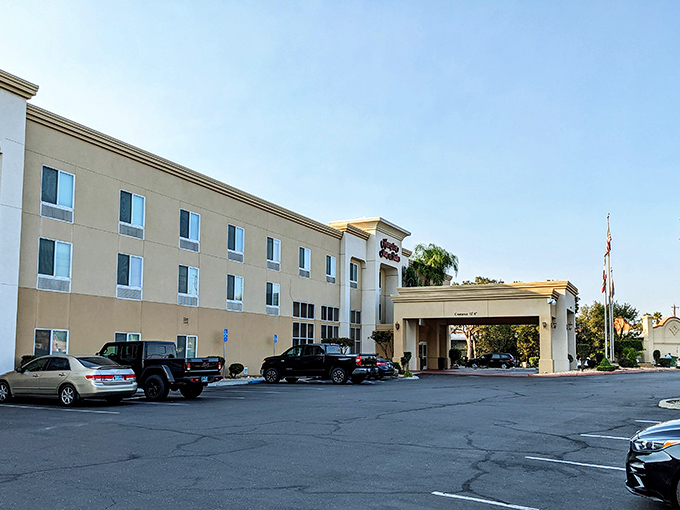 Even chain hotels like this Hampton Inn take on a distinctly Red Bluff character, where the parking lot might include both Mercedes and mud-splattered pickup trucks.