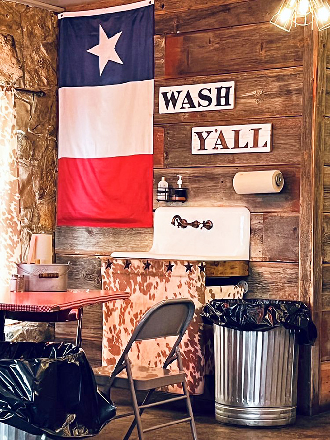 Even the hand-washing station gets the full Texas treatment. "Wash Y'all" isn't just good manners&mdash;it's the law of the land.