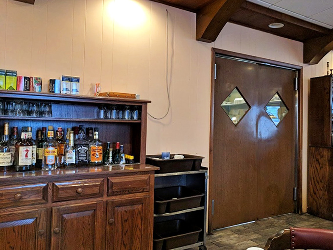 A modest bar setup reminds you that sometimes the best cure for what ails you is a Bloody Mary with your breakfast.