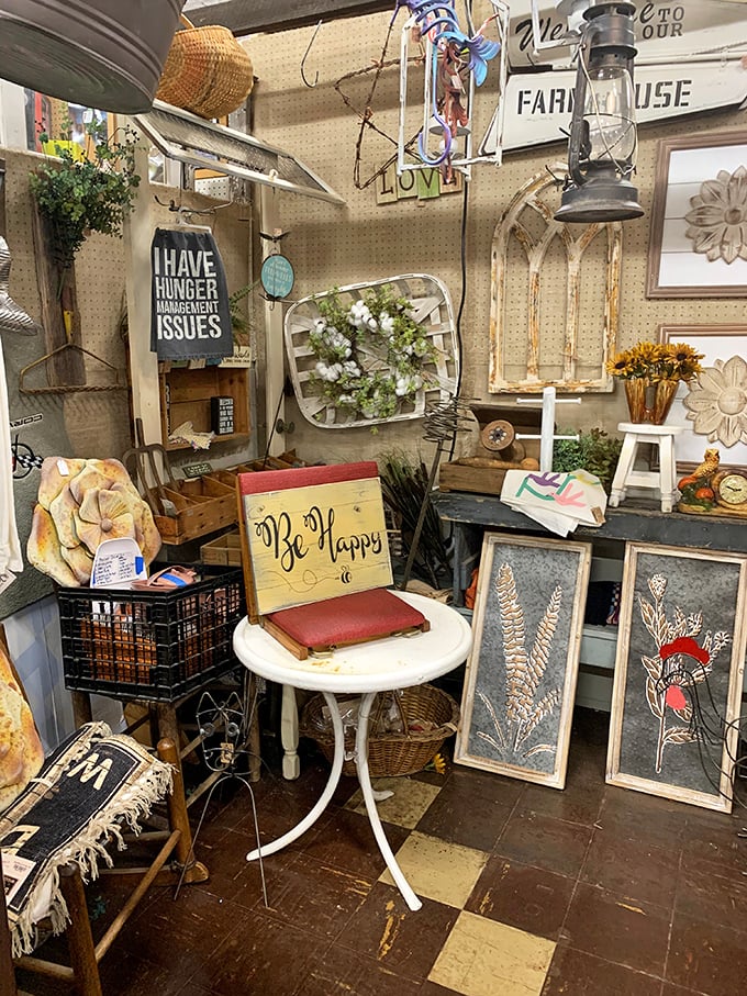 Farmhouse chic before it was trendy. That "Be Happy" sign isn't just decor&mdash;it's the inevitable result of finding the perfect vintage treasure.