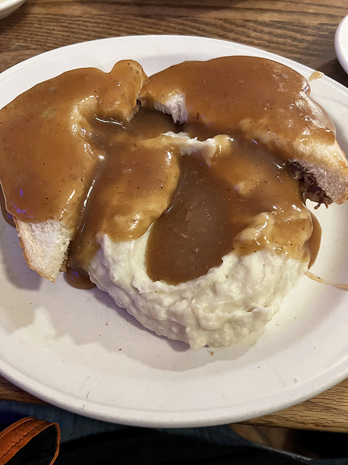 Comfort on a plate – tender roast beef smothered in gravy atop mashed potatoes, the kind of meal grandma would approve of.