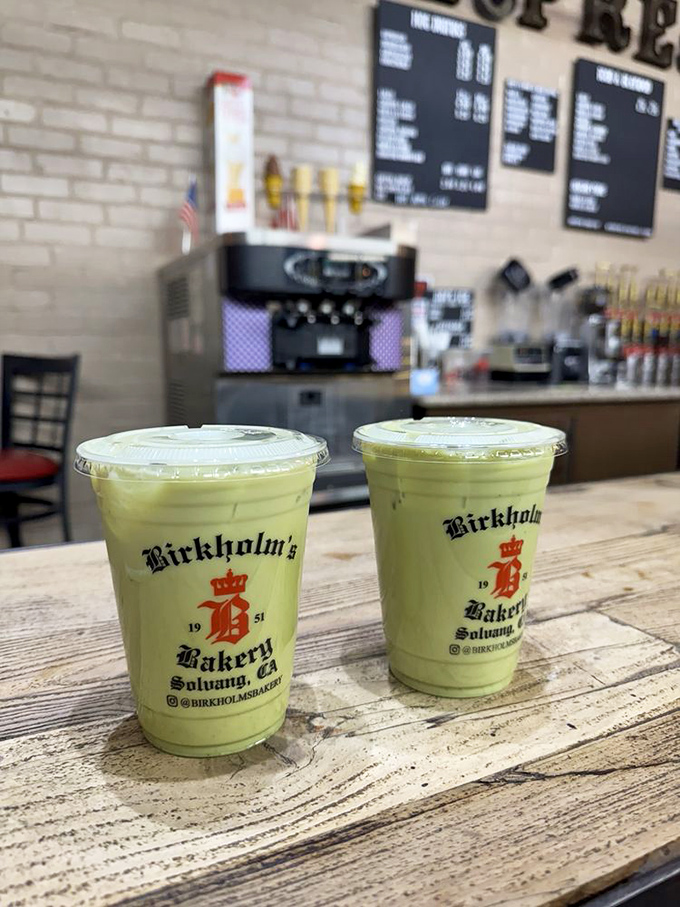 Matcha lattes with the bakery's logo &ndash; because sometimes you need something to wash down your third Danish pastry of the morning.