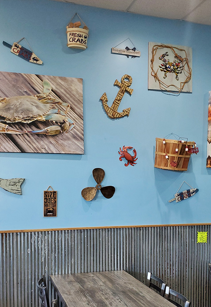 Nautical charm meets neighborhood comfort &ndash; anchors, crabs, and "Fresh Crabs" signs create perfect ambiance.