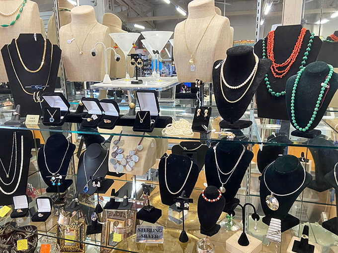 Jewelry displays that would make Breakfast at Tiffany's fans do a double-take. From costume pieces to sterling silver, it's a neck-adorning bonanza.