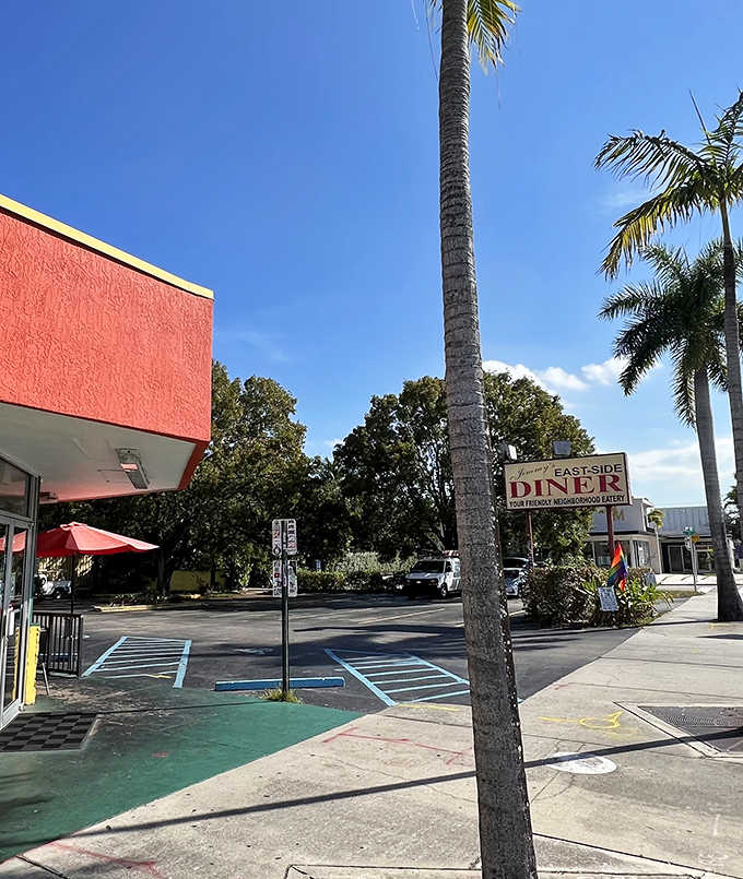 Even the parking lot feels nostalgic, with that distinctive red awning promising comfort food just steps away from your car door. 
