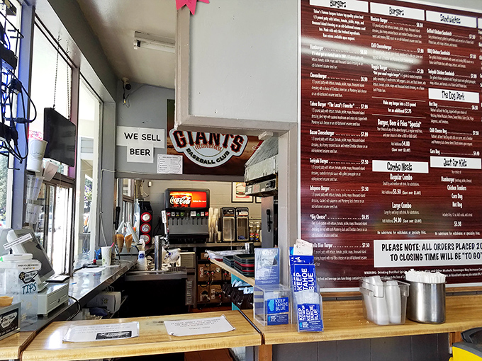 A Giants pennant watches over the kitchen operations. This spot clearly understands that good food and baseball loyalty are California essentials.