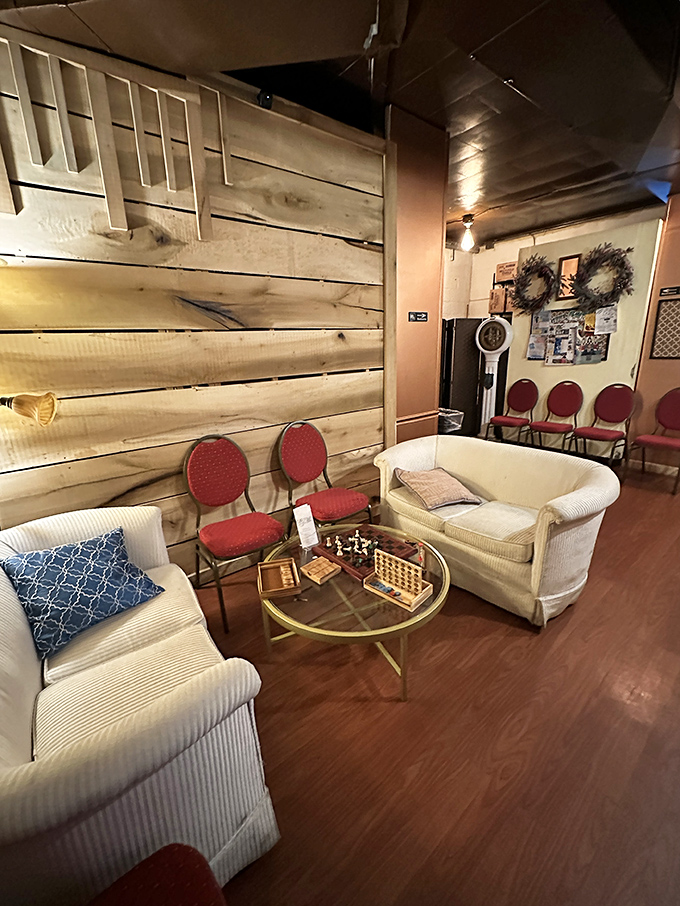 A cozy lounge area with chess set at the ready&mdash;because sometimes the best post-breakfast move is no move at all.