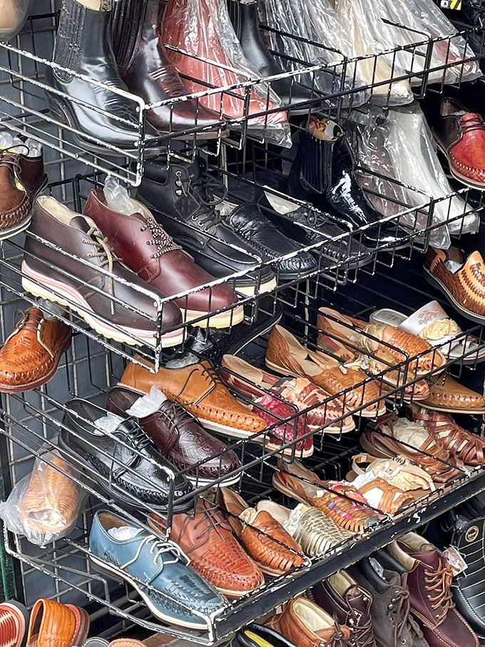 Leather footwear arranged with mathematical precision&mdash;from formal oxfords to casual huaraches, all waiting for the right pair of feet.