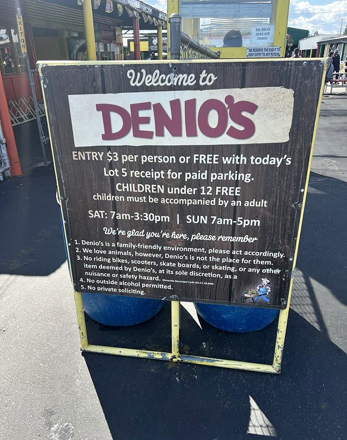 The rules of engagement for Denio's adventurers. This weathered sign has guided countless bargain hunters through the weekend ritual.