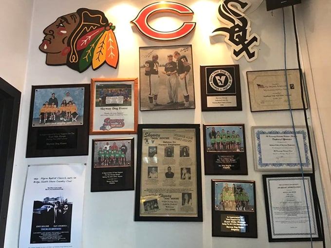 A shrine to Chicago sports loyalty adorns the walls. The holy trinity of Bears, Blackhawks, and White Sox blesses your meal.
