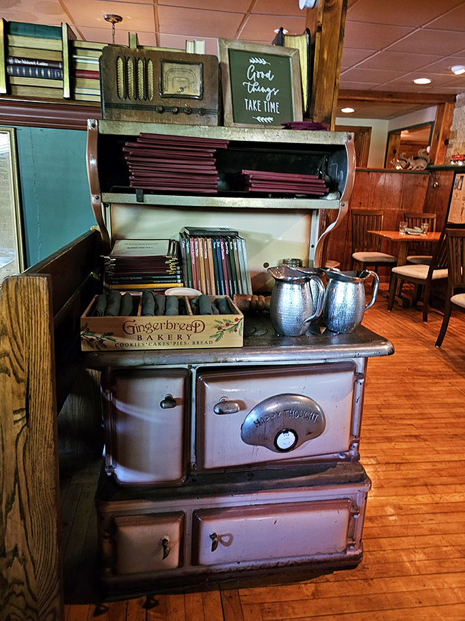 An antique stove repurposed as a charming menu station &ndash; because in Pennsylvania, even the d&eacute;cor tells a story of resourcefulness and history.