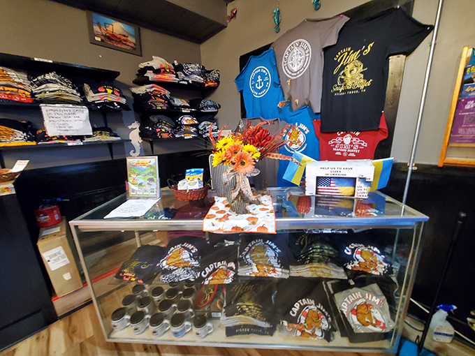 Seafood enthusiasm extends beyond the plate &ndash; take home a Captain Jim's t-shirt to remember your epic battle with endless crab legs.