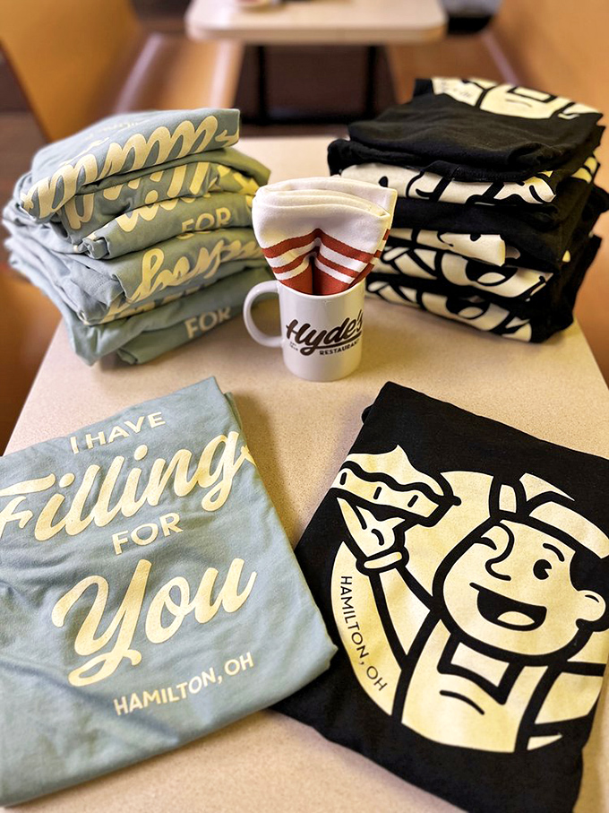 Merchandise that lets you take home Hyde's spirit. That "Filling For You" shirt speaks the universal language of comfort food.