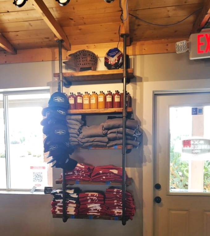 Merchandise that lets you take home the memory, if not the meat. BBQ sauce bottles standing at attention like delicious little soldiers.