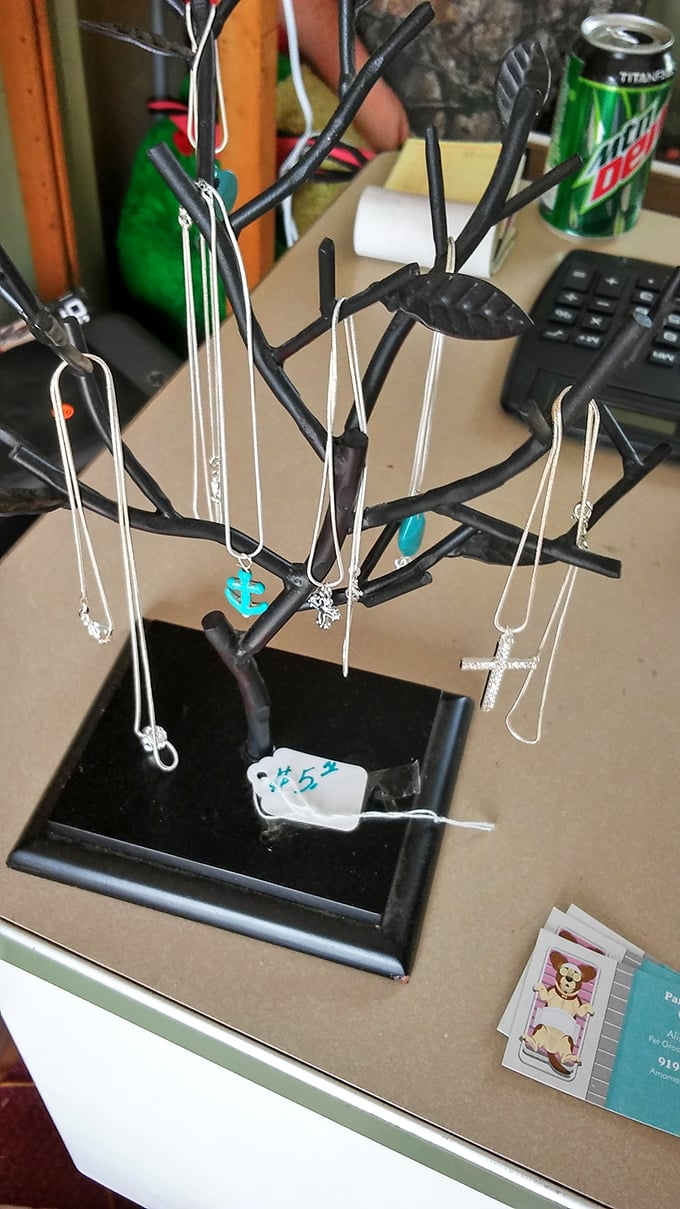 Delicate silver necklaces dangle from an artful display. At these prices, you can afford to layer them like a jewelry influencer.