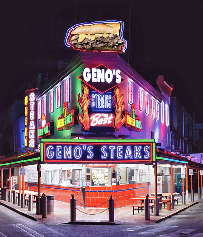 By night, Geno's transforms into a neon wonderland that could guide hungry sailors home from miles away on the Delaware River.
