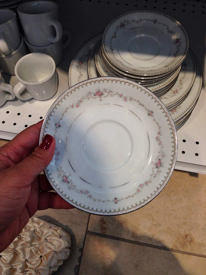 Delicate china with floral detailing that whispers of elegant dinner parties past, now available for your table at a fraction of retail.