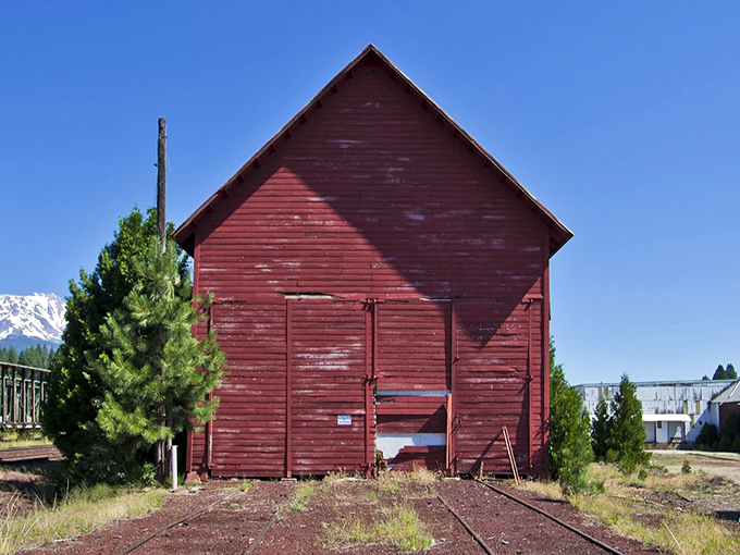 This weathered red barn stands as a testament to McCloud's railroad past, when timber and trains shaped the town's destiny.