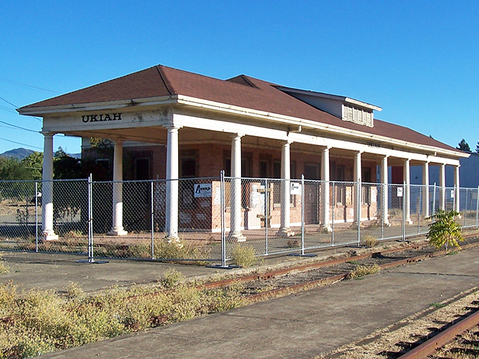 The old Ukiah Railroad Depot waits patiently for its next chapter, like a retiree with too many stories and not enough listeners.