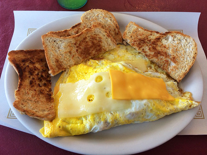An omelet that's seen the inside of a real kitchen, not some corporate food lab—cheese melting just right over fluffy eggs.