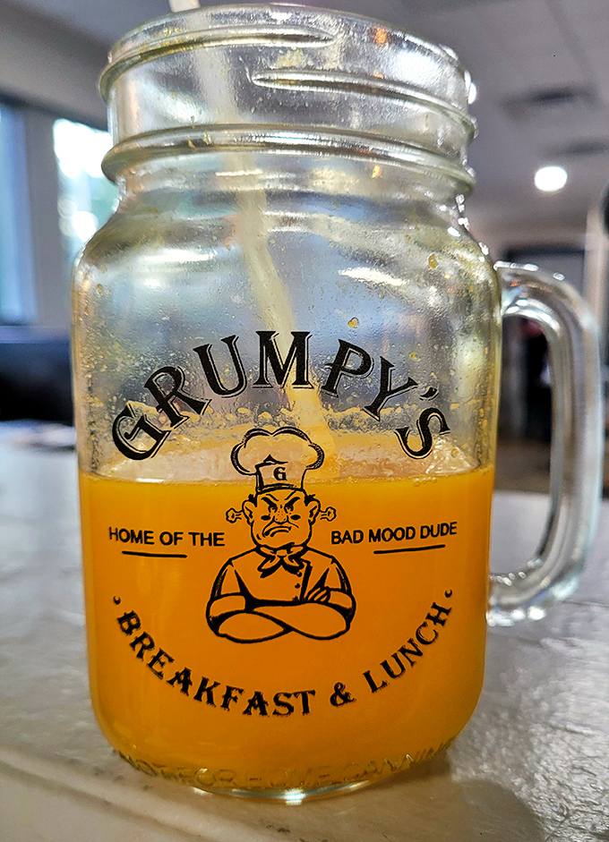 "Home of the Bad Mood Dude" proclaims the glass, but one sip of this sunshine-bright orange juice could cure even the grumpiest morning disposition.