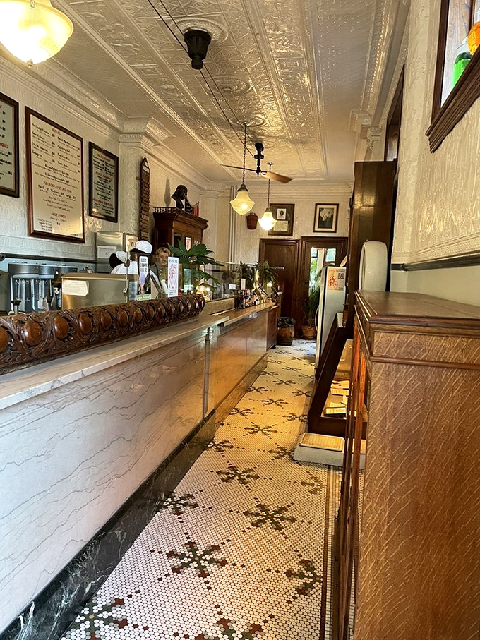 The counter stretches like a runway for dairy dreams. That ornate woodwork wasn't manufactured&mdash;it was lovingly carved by artisans who took pride in details.
