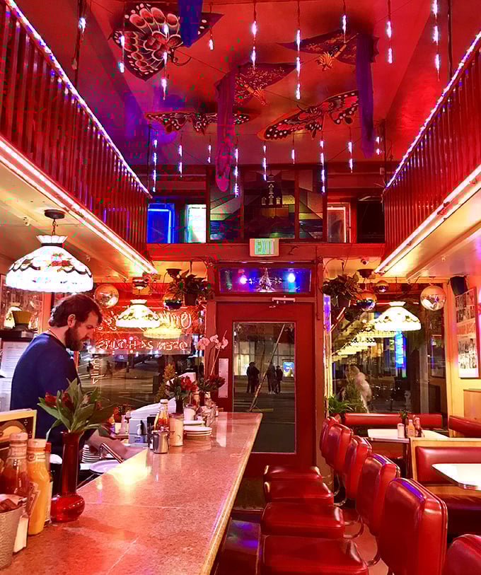 Disco balls and twinkling lights transform this diner into a glittering wonderland—Saturday Night Fever meets Sunday morning pancakes.