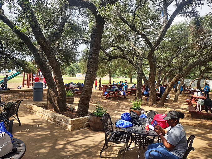 The shaded picnic area provides a welcome return to daylight after exploring the depths. Those oak trees have been providing shade since before selfies existed.