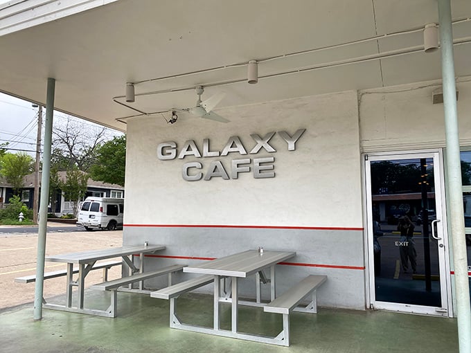 Outdoor seating for those perfect Austin mornings when the temperature dips below 85. Simple, functional, and welcoming. 