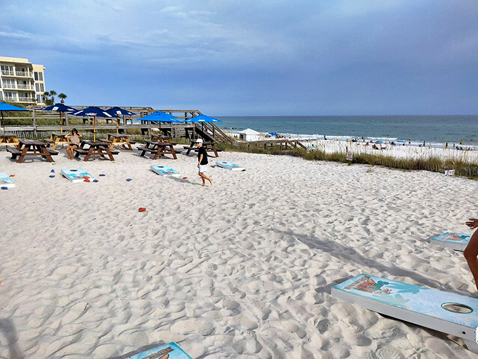 White sand beaches stretch out beyond the restaurant, offering the perfect pre-dinner stroll or post-meal digestive walk.