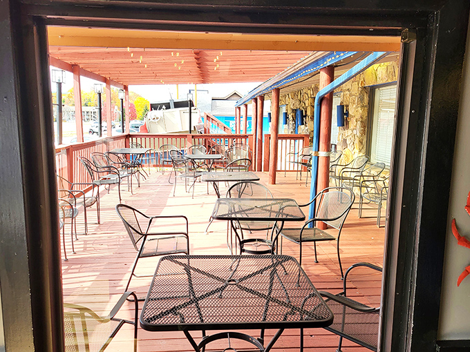 The outdoor dining area offers fresh air and people-watching opportunities. Perfect for when you need a strategic break between buffet rounds.