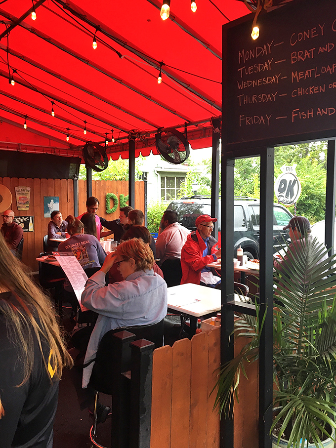 The covered patio: where Ohio's fickle weather doesn't stand between you and your breakfast. Those string lights add a touch of magic to morning meals.