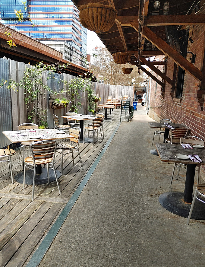 Outdoor seating that captures Raleigh's urban charm. The patio offers fresh air and sunshine to complement your barbecue feast.