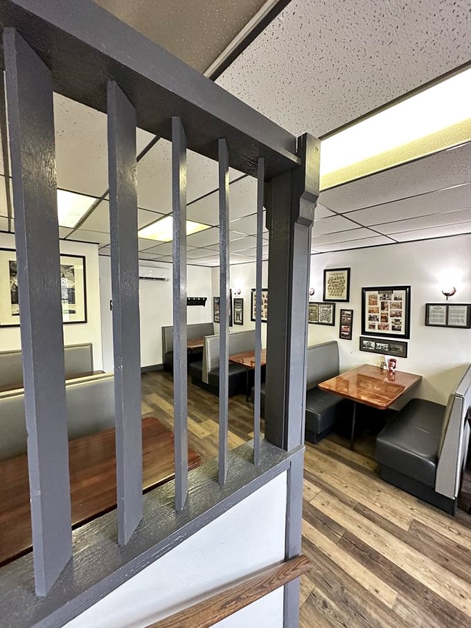 Booth seating with a view of local memorabilia on the walls&mdash;history lessons served alongside your breakfast.