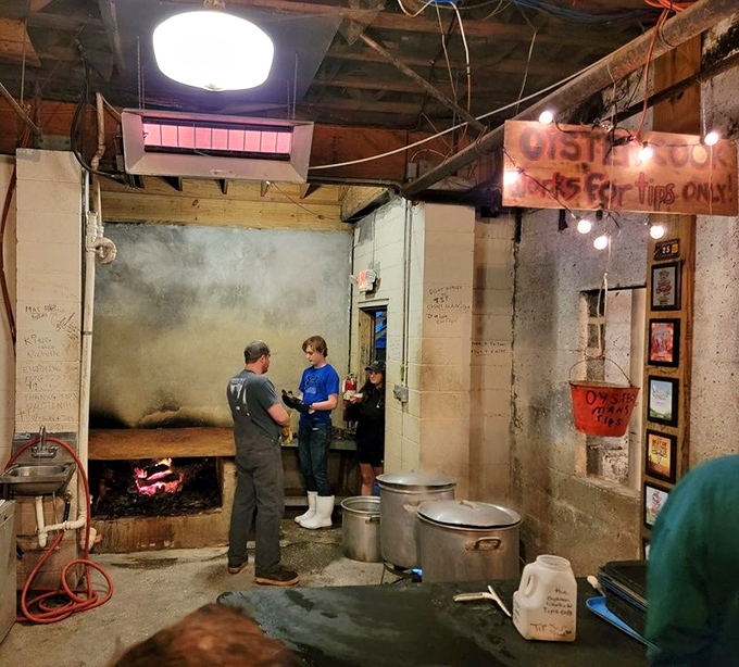 The oyster room &ndash; where steam, fire, and saltwater alchemy transform humble bivalves into treasures. The heart of Bowens Island's operation.