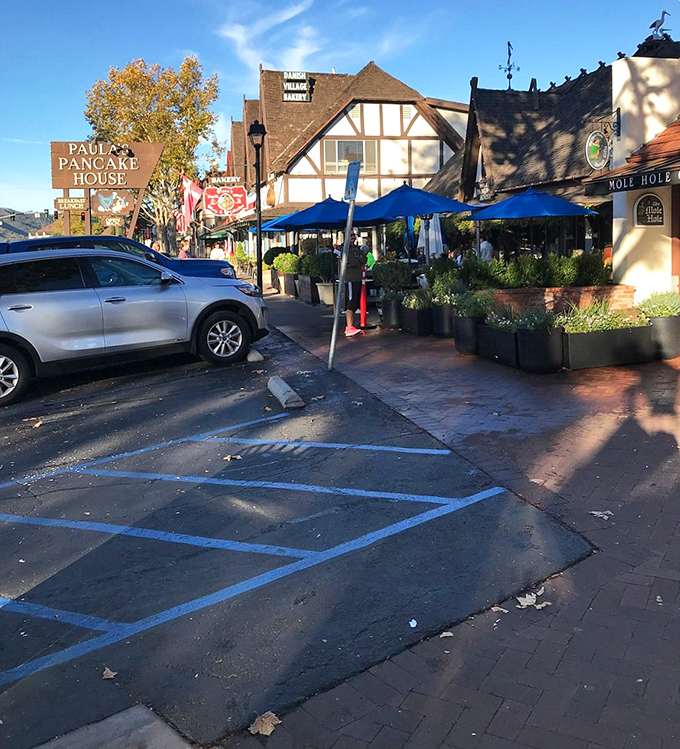 Even the parking lot has that storybook Danish village charm. The anticipation builds from the moment you pull in.